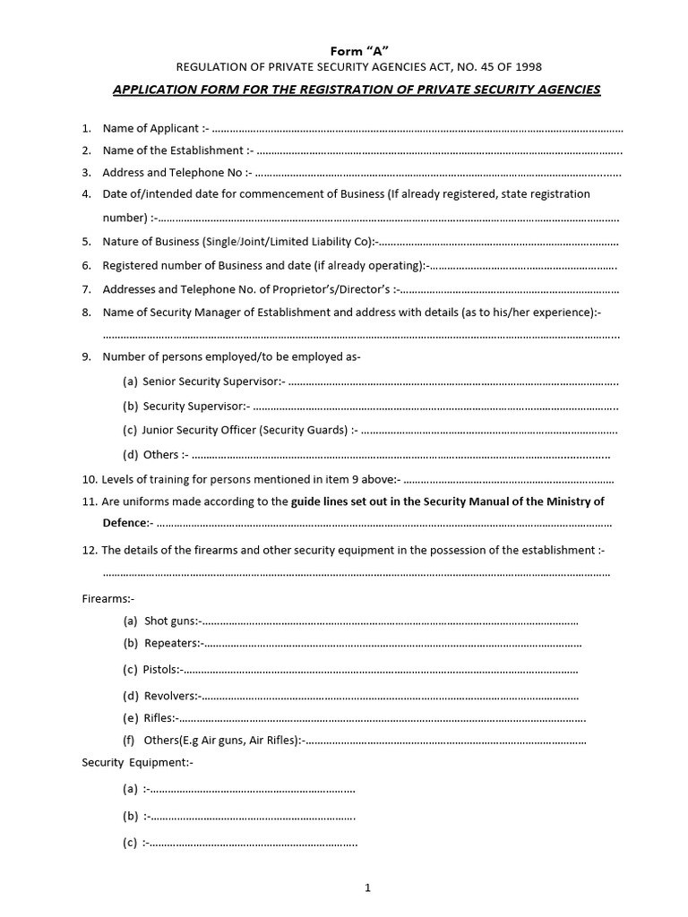 Private Security Agency Registration Form | PDF | Employment ...