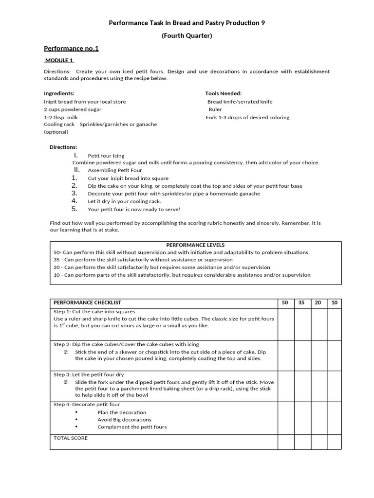 QUARTER 4 Performance Task in Bread and Pastry Production 9 - 20210606 ...