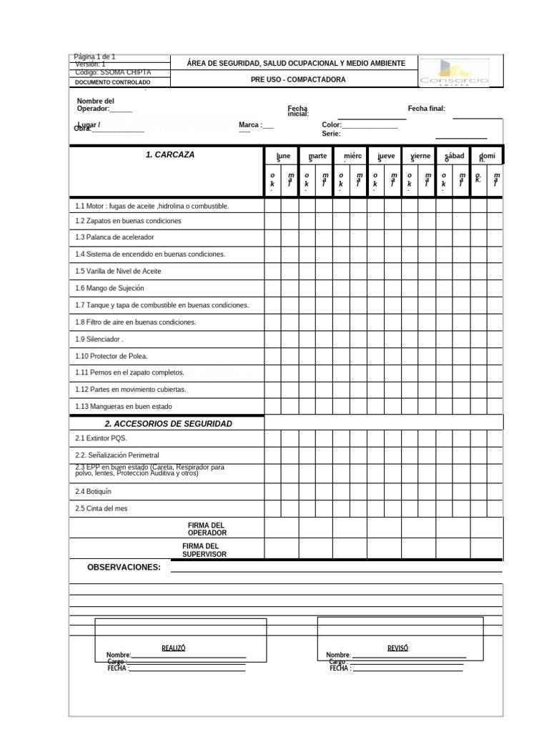 CHECK LIST PRE USO COMPACTADORA | PDF