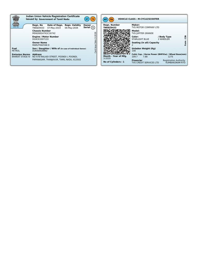Tamil Nadu Vehicle Registration Details | PDF
