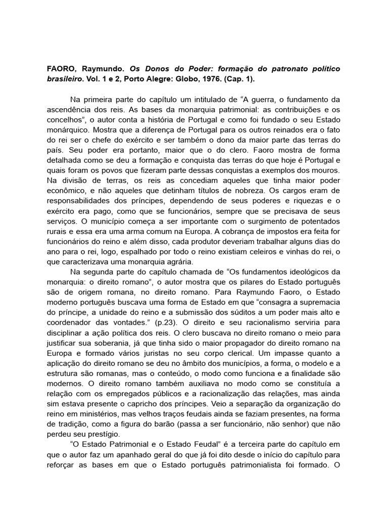 Os Donos do Poder - FAORO | PDF | Estado | Feudalismo