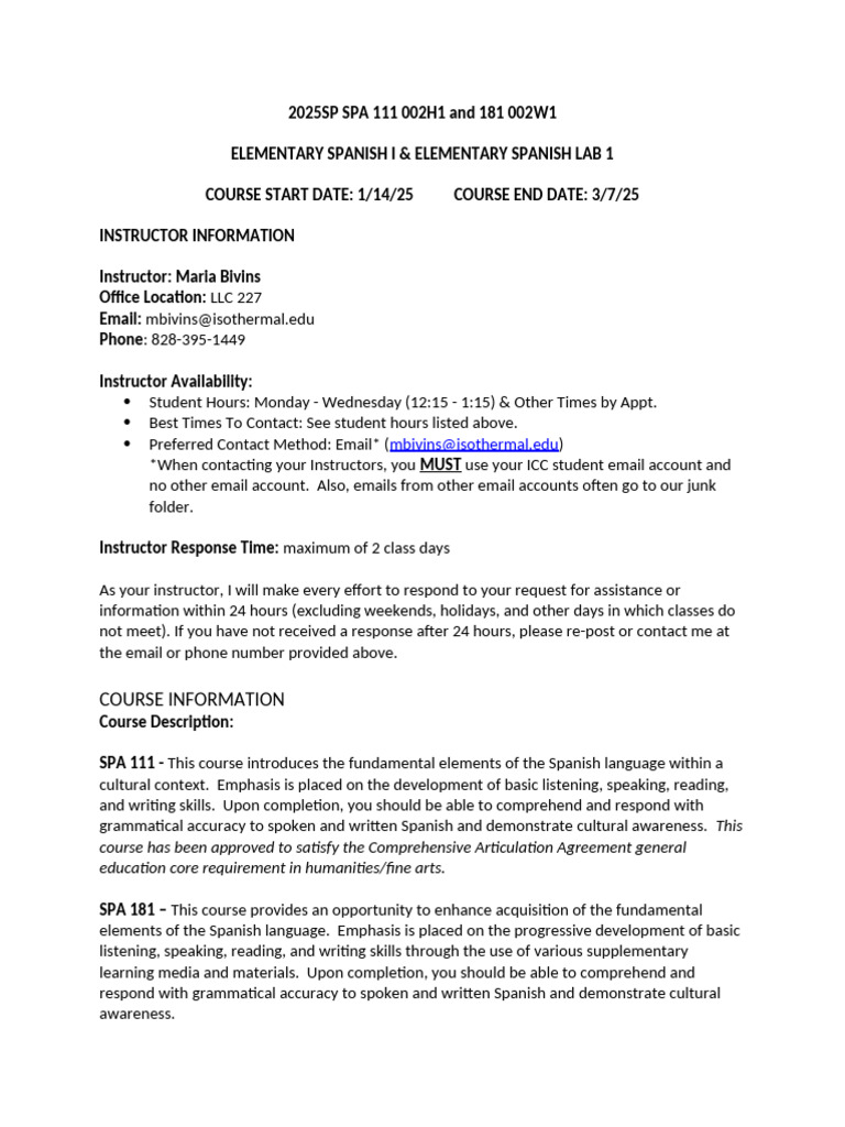 Spanish I & Lab Course Details 2025 | PDF | Title Ix | Academic Dishonesty