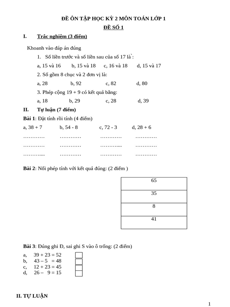 20 đề toán ck2 lớp 1 phần 2 | PDF