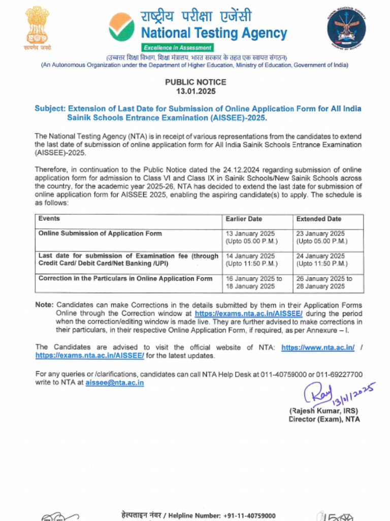 Public Notice Extension of Last Date For Submission of Online Application Form For Aissee 25 | PDF