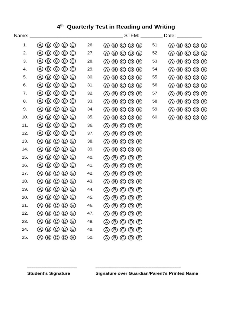 4th Quarter Reading & Writing Test | PDF
