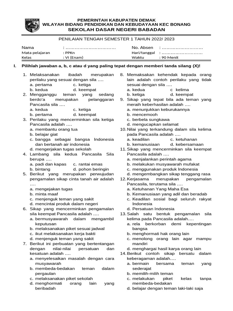 Naskah Soal PTS I PPKN Kelas 6 TH 2022 | PDF