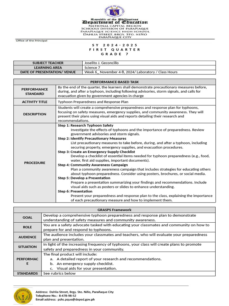 q1 s7 Performance-based Task Template | PDF | Learning | Cognition