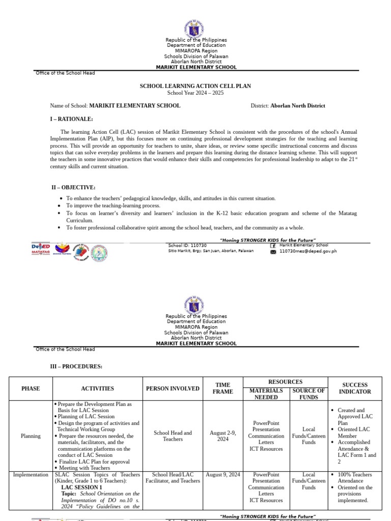 Mes Slac Plan 2024 2025 | PDF | Learning | Teachers
