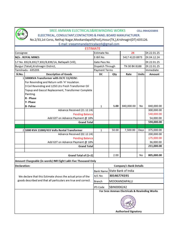 Electrical Estimate for Transformer Services | PDF | Electric Power ...