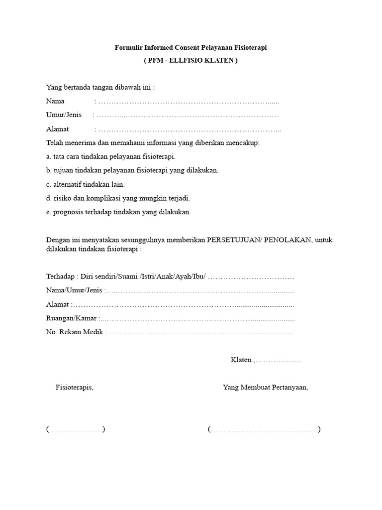 Formulir Informed Consent Pelayanan Fisioterapi | PDF
