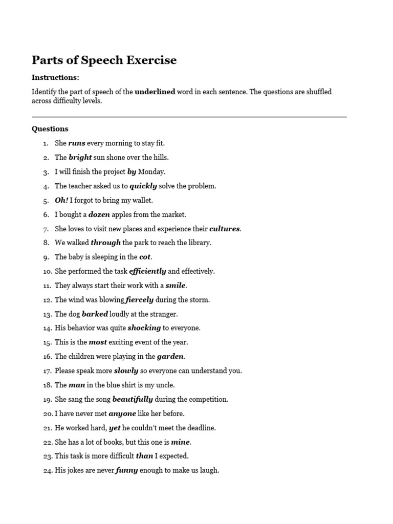 Parts of Speech Exercise | PDF | Adverb | Adjective