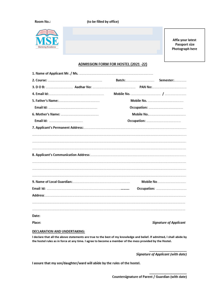 Hostel Admission Form 2021-22 | PDF | Government And Personhood