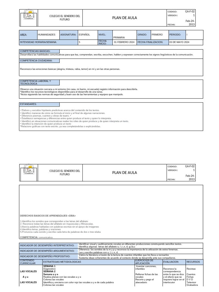 Plan Aula 1° Periodo 1 LISTO | PDF | Plan de estudios | Educación primaria