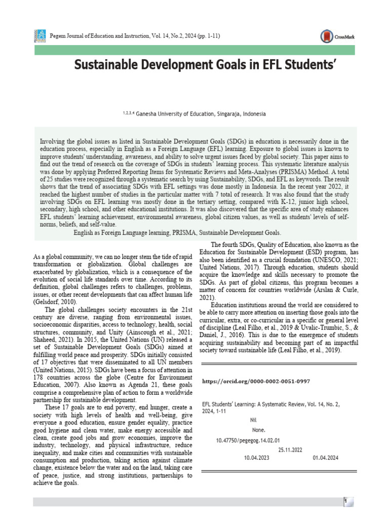 Sustainable Development Goals in EFL Students' Learning A Systematic Review | PDF | English As A ...
