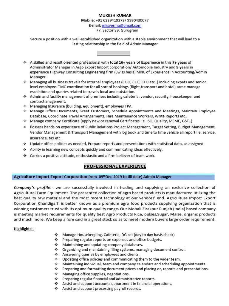 Resume Mukesh Kumar Admin Manager | PDF | Taxes | Economies