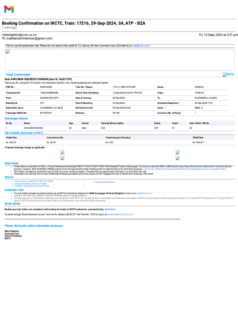 Gmail - Booking Confirmation On IRCTC, Train - 17216, 29-Sep-2024, 3A ...