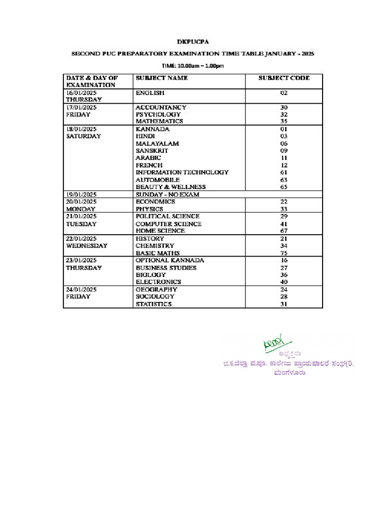 2nd Puc Preparatory Exam 2025 Time Table PDF | PDF