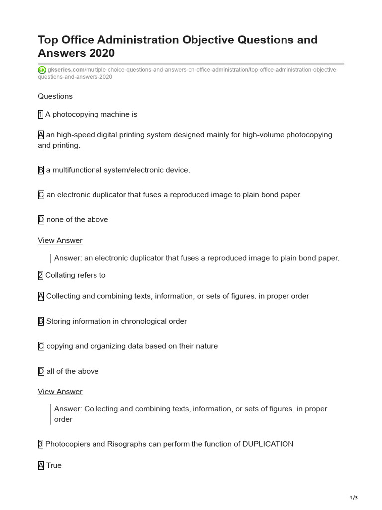 Office Admin MCQs & Answers 2020 | PDF