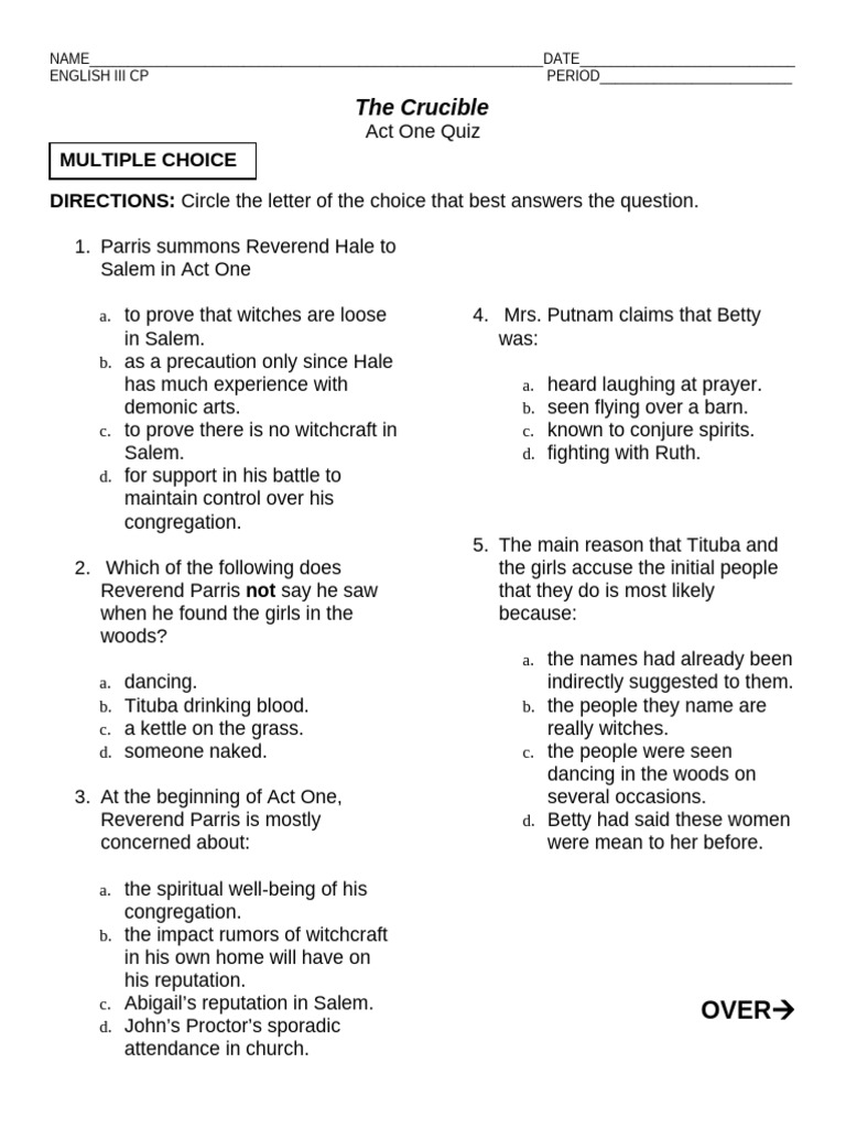 Act One Quiz for The Crucible | PDF | Early Modern Witch Hunts | Witch ...