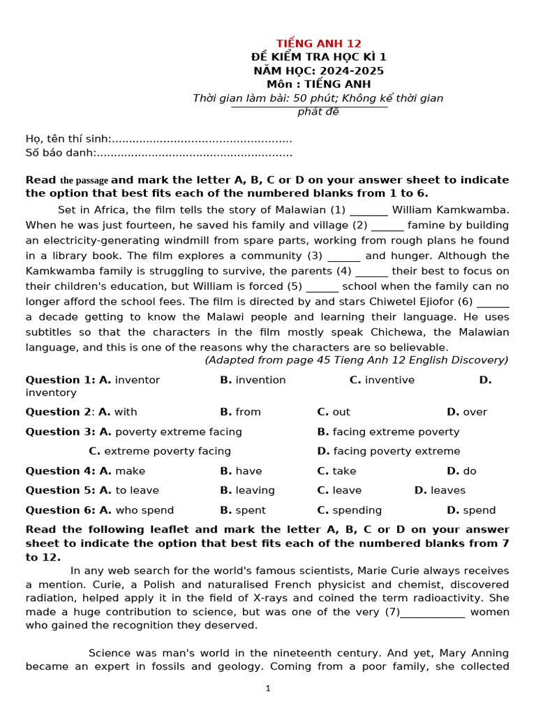 TA 12 - ĐỀ HK1 FORM 2025 | PDF | Landslide | Computer Network