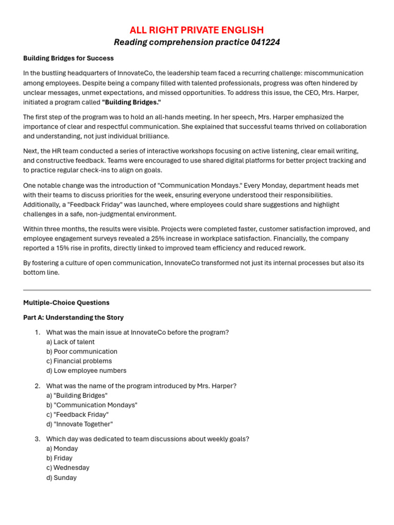 Reading Comprehension 041224 Building Bridges for Success | PDF ...