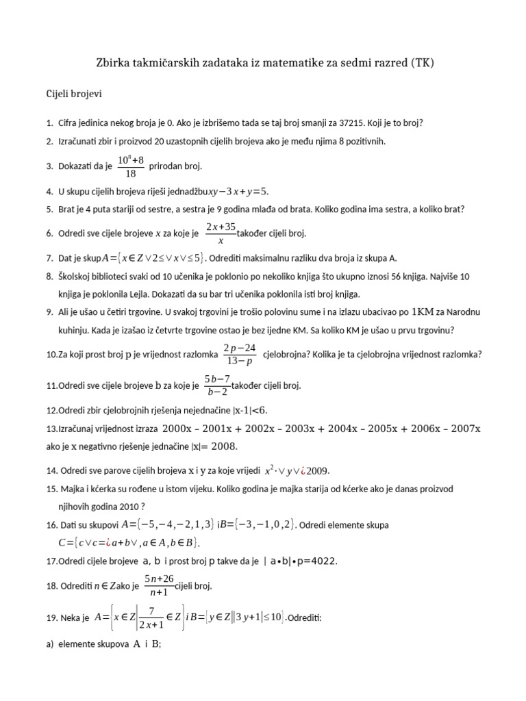 Zbirka Zadataka Za Pripremanje Takmičenja TK Za Sedmi Razred Samo ...