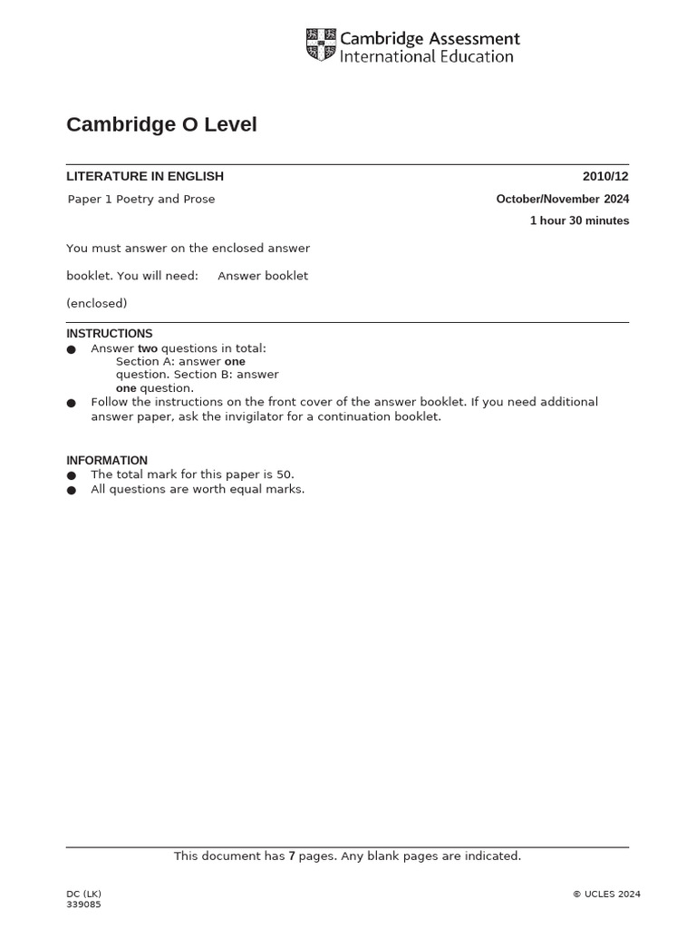 2024 O Level Literature Paper 1 Guide | PDF