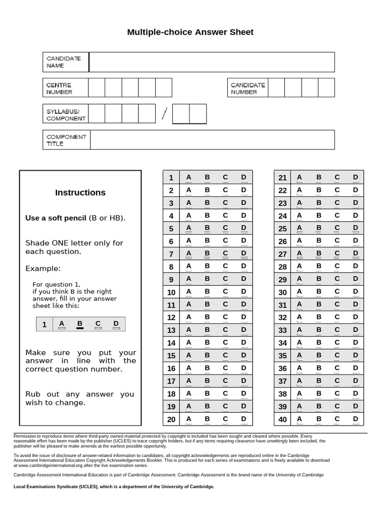 MCQ Answer Sheet For O Level | PDF | Intellectual Works | Business Law