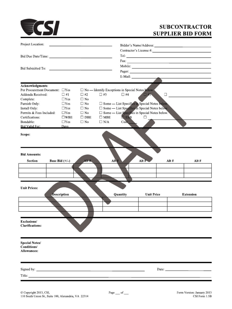 CSIForm 01 5B Subcontractor Supplier Bid Form | PDF