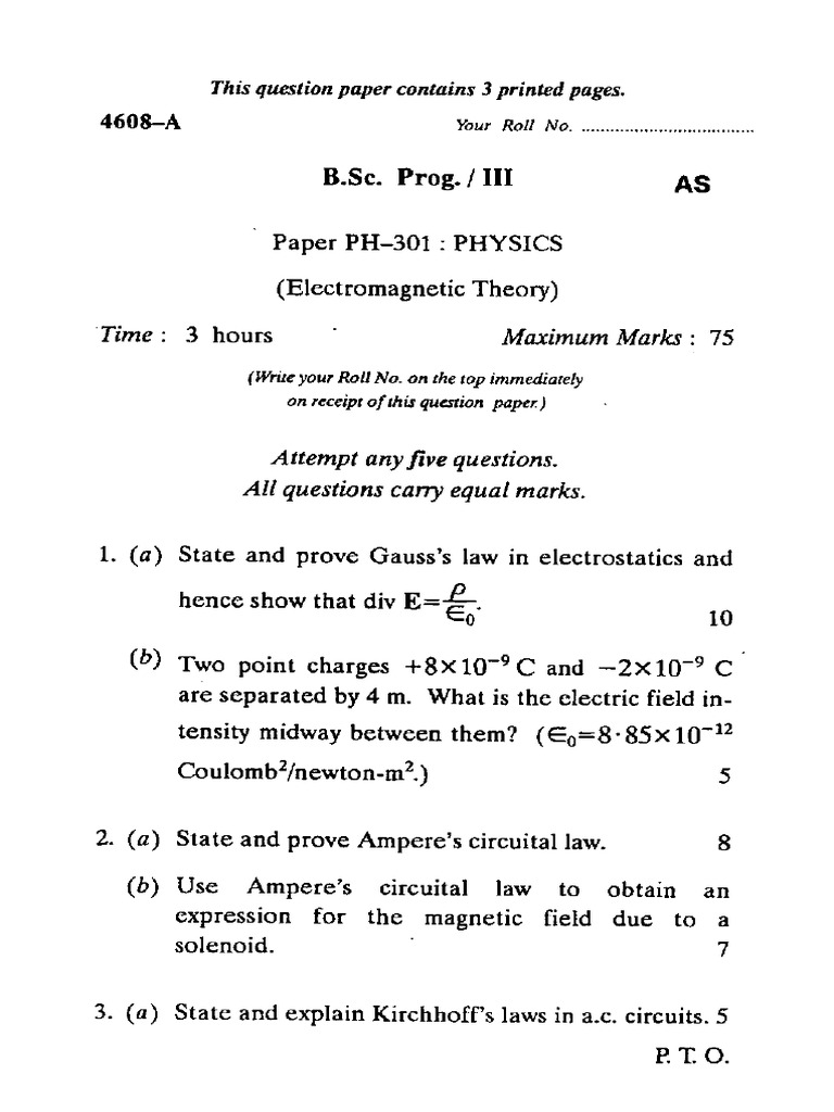 B.sc. Prog. III Ph-301 Physics (Electromagnetic Theory) | PDF
