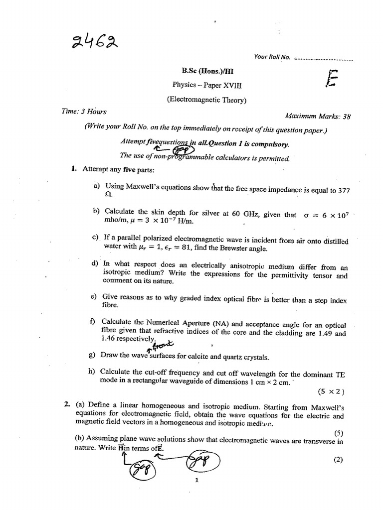 b.sc.(Hons.)III Physics Paper Xviii(Electromagnetic Theory)2462 | PDF
