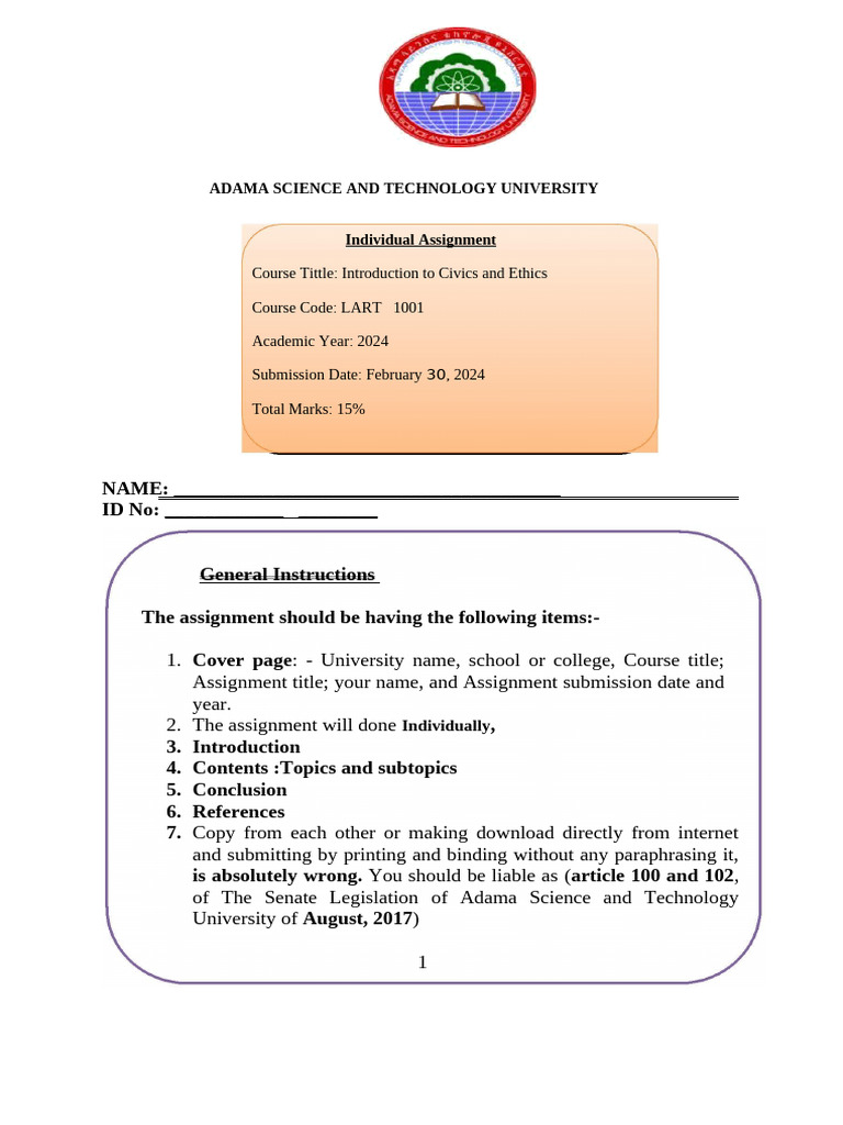 ASTU Freshman Channel - Civics & Ethics Assignment | PDF | Political ...