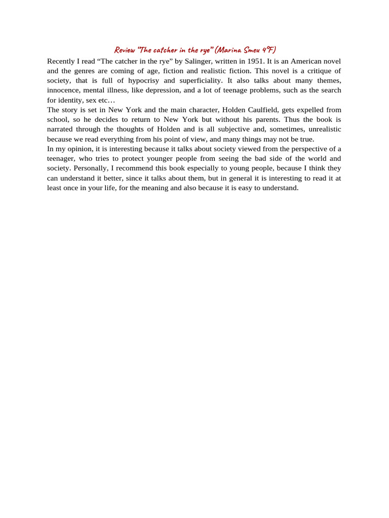 "Review of The Catcher in the Rye" | PDF