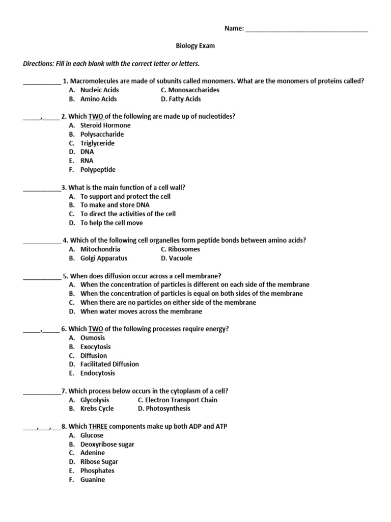 Biology Exam Questions and Answers | PDF | Cell (Biology) | Cell Membrane