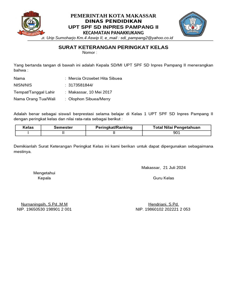 Surat Keterangan Peringkat Kelas | PDF