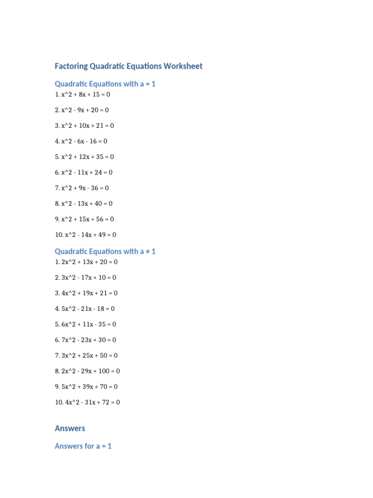 Factoring Quadratic Equations | PDF