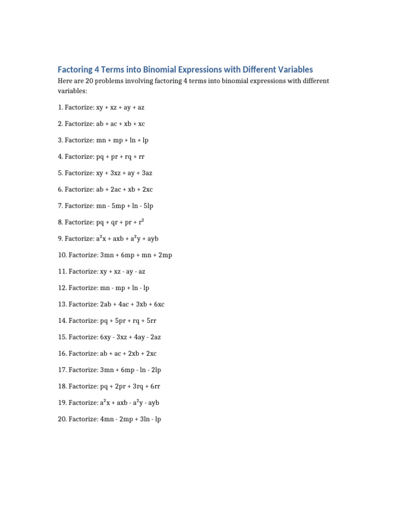 Factoring 4 Terms Binomial Expressions | PDF