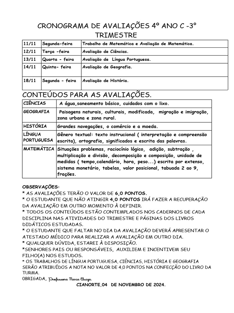 Cronogramas de Prova 4° Ano C | PDF