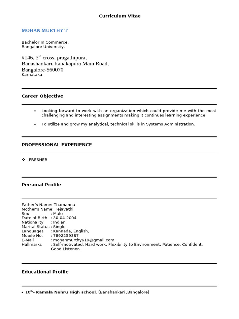 Mohan Murthy's CV and Career Goals | PDF