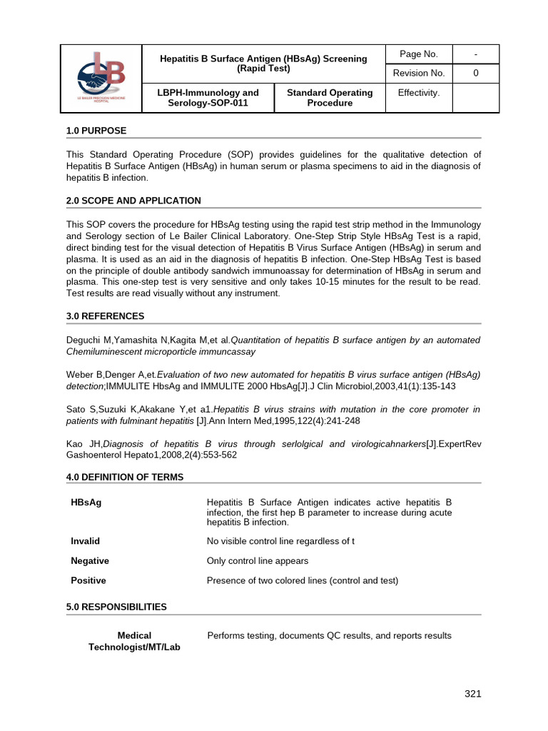 HBsAg Rapid Test SOP for Hepatitis B | PDF | Hepatitis B | Immunoassay