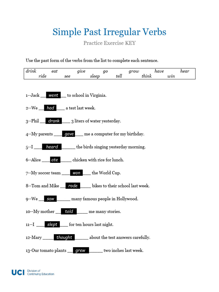 C3M1L3 - KEY - Simple Past Irregular Verbs Practice Exercise KEY | PDF