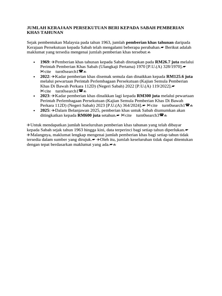 Jumlah Kerajaan Persekutuan Beri Kepada Sabah Pemberian Khas Tahunan | PDF