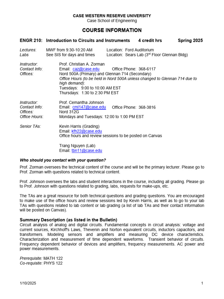 ENGR 210 Syllabus - Spring 2025 | PDF | Electrical Network | Network Analysis (Electrical Circuits)