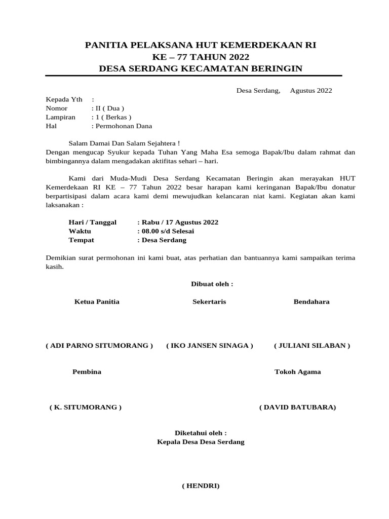 Permohonan Dana HUT RI 77 Desa Serdang | PDF