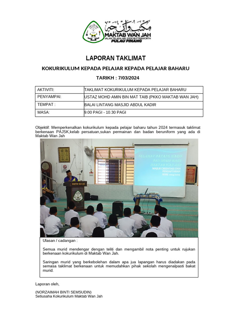 Laporan Taklimat Kokurikulum | PDF