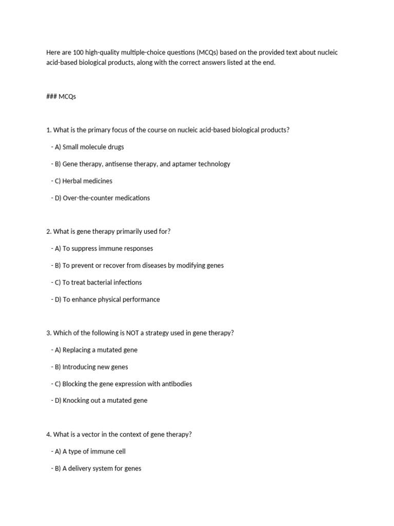 Here Are 100 MCQs Nucleic Acid-Based | PDF | Gene Therapy | Sense (Molecular Biology)