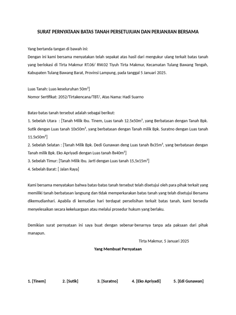 Surat Pernyataan Batas Tanah Persetujuan Dan Perjanjian Bersama | PDF