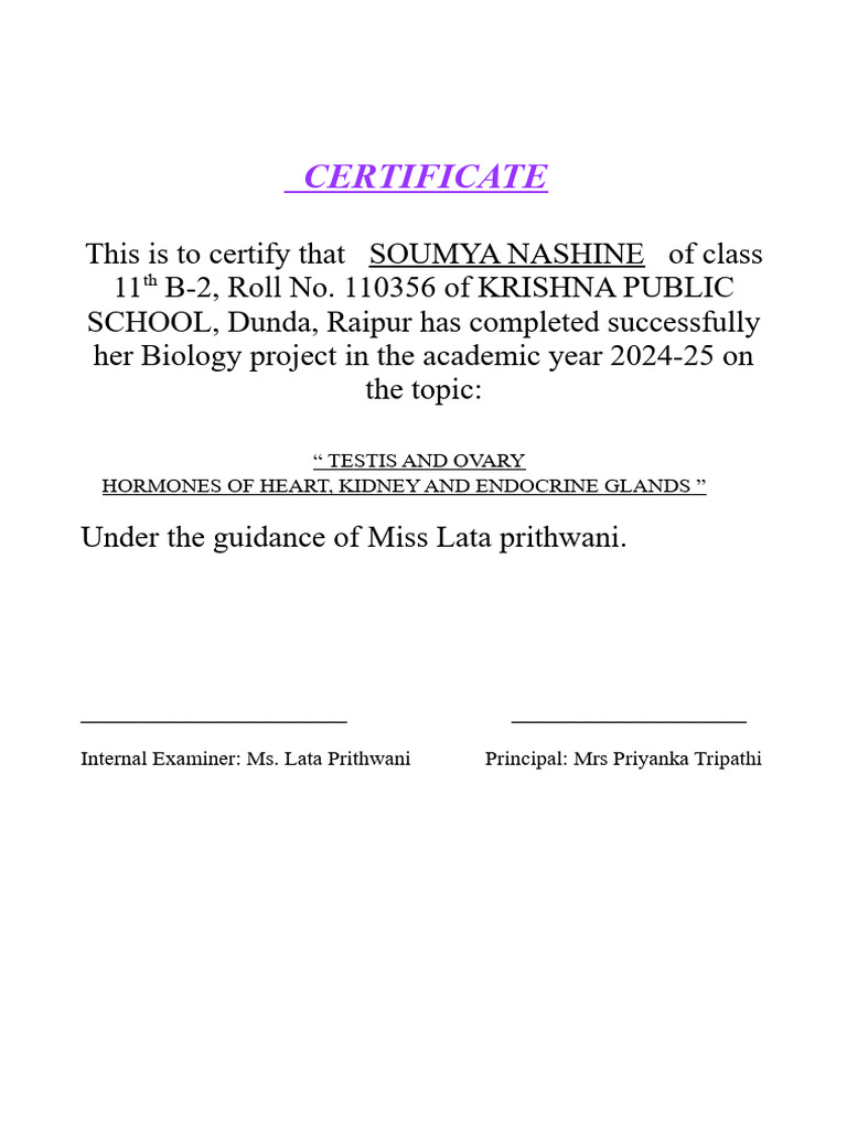 Biology Project Certificate 2024-25 | PDF