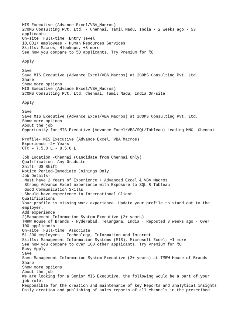 MIS Executive Role at 2COMS Chennai | PDF | Visual Basic For ...