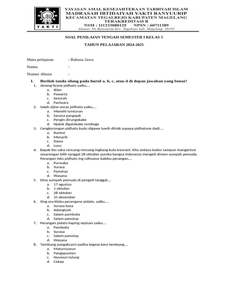 Soal PTS I Bjawa KLS 5 2425 | PDF